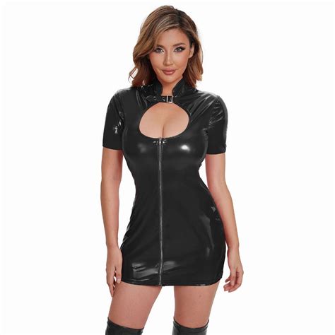 Women Sexy Wetlook Pvc Leather Dress Crotchless Shiny Short Sleeve