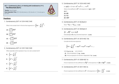 2020 Binomial Past Hsc Qanda 1 Combinatorics Ext1 A1 2014 Hsc 3 Mc 2