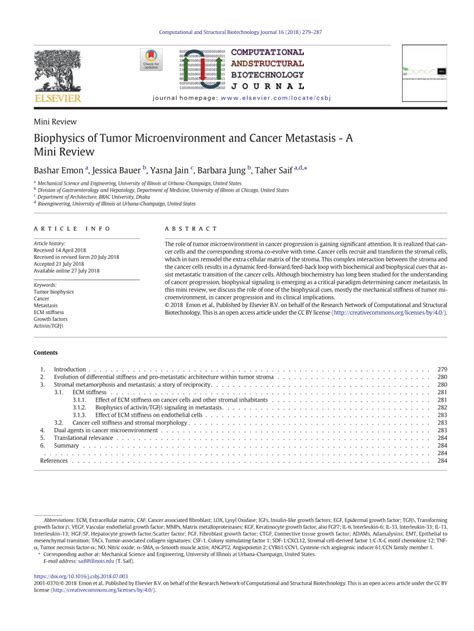 Pdf Biophysics Of Tumor Microenvironment And Cancer Metastasis A Mini Review