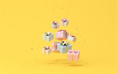 황금 색종이 입자 배경 3d 렌더링에 떨어지는 선물 상자의 최소한의 트렌디 한 장면 3차원 형태에 대한 스톡 사진 및 기타 이미지 3차원 형태 디지털 생성 이미지