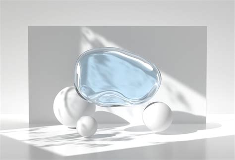파란색 액체 또는 물방울이 있는 3d 배경 흰색 둥근 구체 디스플레이 화장품 모형 광고 배너를 위한 그림자 빈 연단이 있는