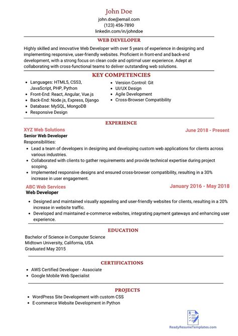 ATS Friendly Web Developer Resume Template For 2023 Ready Resume