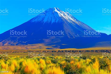 Licancabur 및 Juriques 눈 덮인 화산과 목가적인 아타 카마 사막 Altiplano 대초원 금에 색깔 화산 풍경