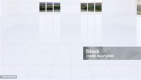 3d 渲染空房間和白色瓷磚地板與網格線和閃亮的反射與清晰的玻璃門在透視視圖 乾淨和新的條件使用背景 照片檔及更多 鋪路石板 照片 鋪路石板