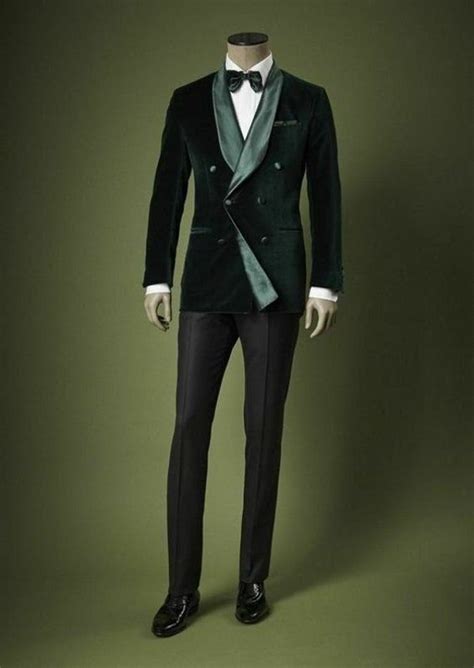 Men Suits Green Velvet 2 Piece Double Breasted Slim Fit Elegant Formal