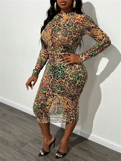 Shein Slayr Plus Size Elegant And Sexy Sheer Mesh And Leopard Print Bodycon