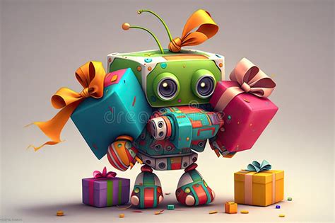 Cute Robot Wrapping Ts With Colorful Paper And Bows Stock