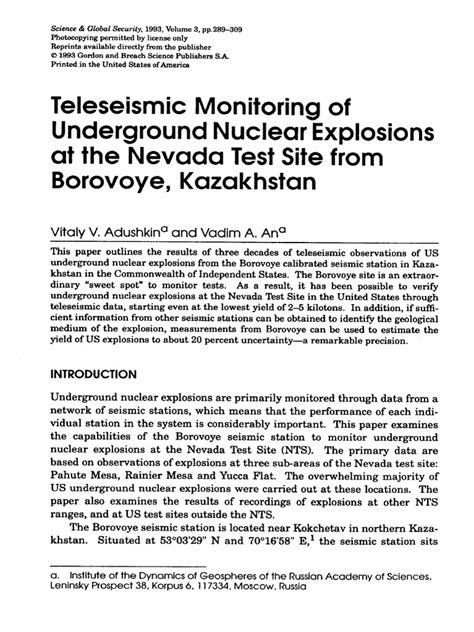 Underground Nuclear Explosions Teleseismic Monitoring Of At The Nevada Test Site From Borovoye