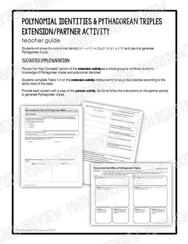 Polynomial Identities And Pythagorean Triples Activity By Math Beach Solutions