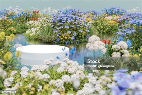 Abstact 3d 렌더링 봄 장면 및 자연 연단 배경 제품 전시 광고 모형 화장품 등을 위해 호수의 다채로운 꽃밭에 흰 돌