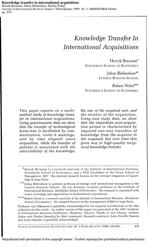 Pdf Knowledge Transfer In International Acquisitions