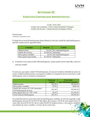 Ejercicios Actividad 2 Contabilidad Administrativa ACTIVIDAD II