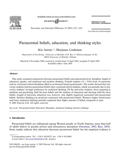 Pdf Paranormal Beliefs Education And Thinking Styles