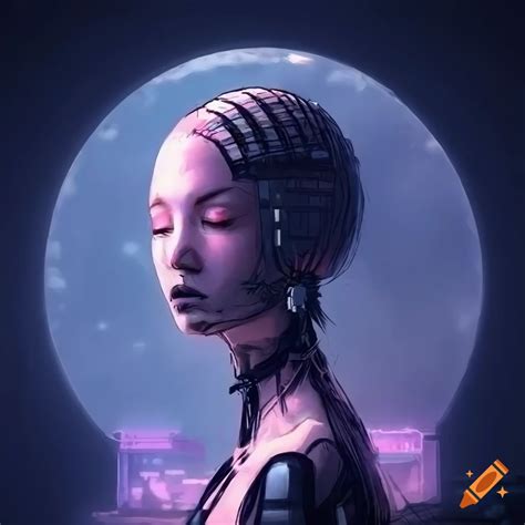 Cyborg Woman In A Futuristic Megastructure Under A Full Moon In Black