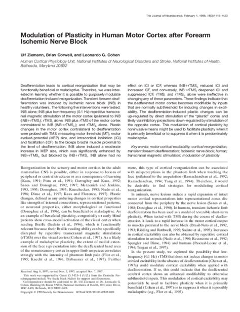 Pdf Modulation Of Plasticity In Human Motor Cortex After Forearm Ischemic Nerve Block