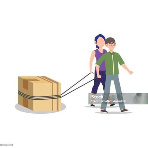 밧줄로 큰 상자를 당기는 젊은 부부의 만화 캐릭터 일러스트 흰색 배경에 격리 된 평면 디자인 개념에 대한 스톡 벡터 아트 및 기타 이미지 Istock