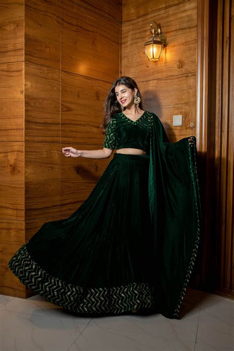 Buy Online In India Bottle Green Sequin And Zari Work Velvet Lehenga
