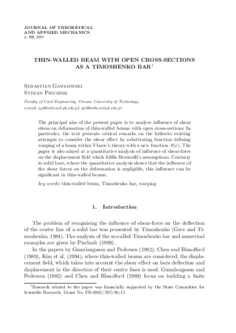 Pdf Shear Stress Impact On Thin Walled Beams