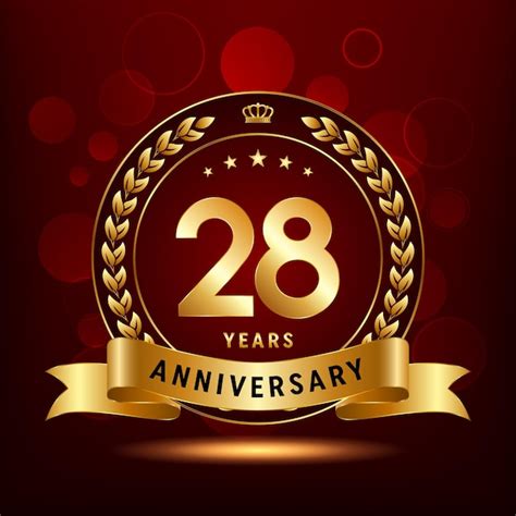 Logo design zum 28 jährigen jubiläum mit lorbeerkranz und goldenem band