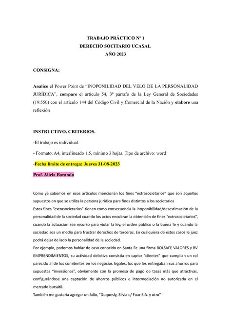 Trabajo Práctico Nº 1 Derecho Societario Ucasal 2023 Inoponibilidad
