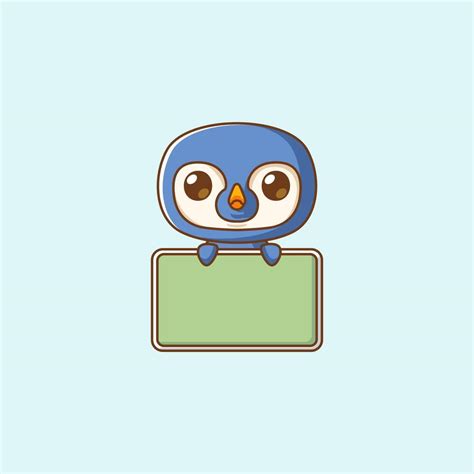 Cute Penguin Hold Blank Space Board Banner Kawaii Chibi Character