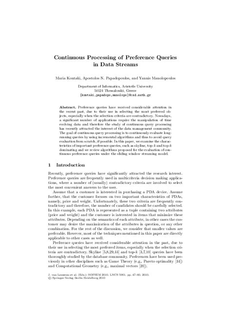 Pdf Continuous Processing Of Preference Queries In Data Streams