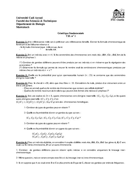 Td1 Genet Cours Et Exercice De Biologie Fst Guéliz Université Cadi Ayyad Faculté Des