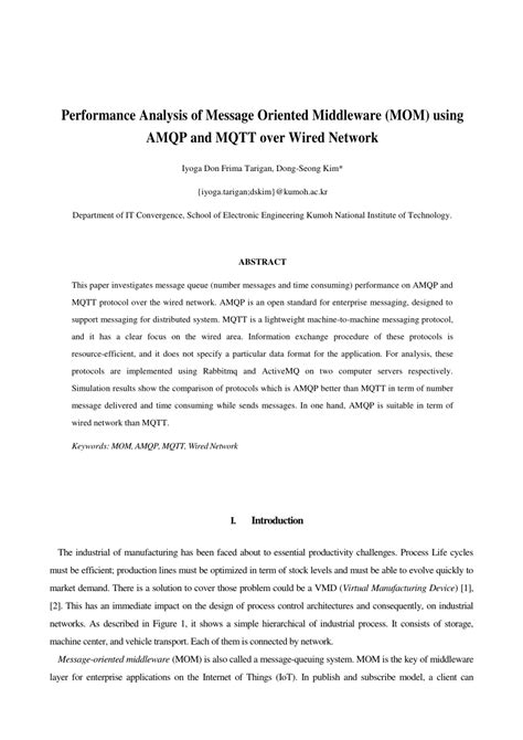 Pdf Performance Analysis Of Message Oriented Middleware Mom Using Amqp And Mqtt Over Wired