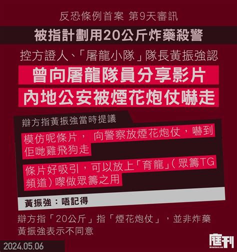 《反恐條例》首案 第9天｜被指計劃用20公斤炸藥殺警 黃振強認曾向屠龍隊員分享內地公安被煙花炮仗「嚇到雞飛狗走」影片 庭刊