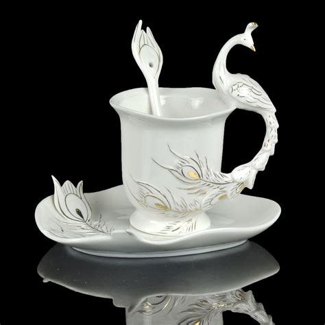Porcelain Gold White Peacock Coffee Set Tea Cup Saucer Spoon Wedding