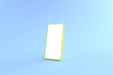 3d 렌더링 파란색 바닥에 노란색 스마트 폰 흰색 화면 휴대 전화 모형은 땅에 기울어 스마트폰 흰색 화면은 상업용 광고에 사용할