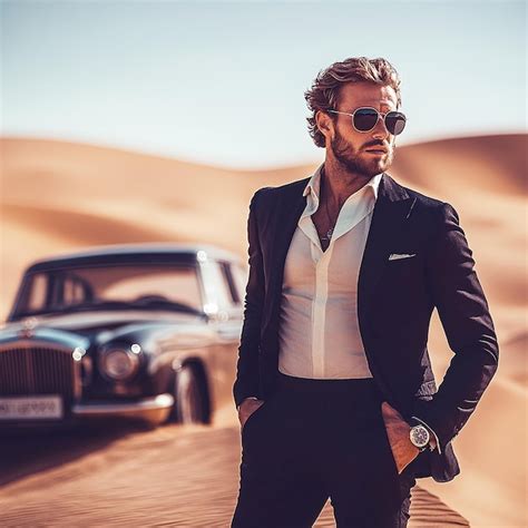 A Man In A Suit And Sunglasses Is Standing In The Desert Premium Ai