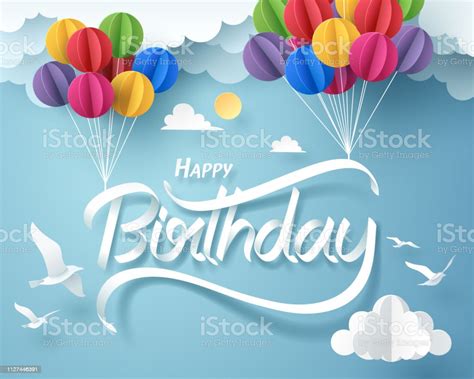 다채로운 풍선과 함께 매달린 레터링 생일 축 하 서 예의 종이 예술 생일에 대한 스톡 벡터 아트 및 기타 이미지 생일 풍선