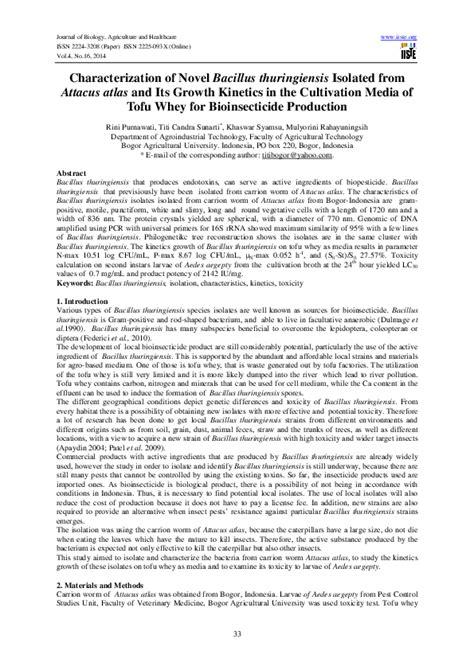 Pdf Characterization Of Novel Bacillus Thuringiensis Isolated From