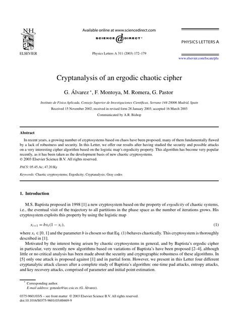 Pdf Cryptanalysis Of An Ergodic Chaotic Cipher