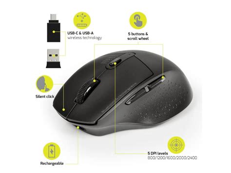 Port Wireless Rechargeable 1600dpi 5 Button Bluetooth Mouse Black