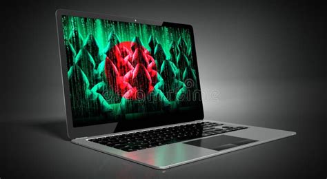Bangladesh Country Flag And Hackers On Laptop Screen Stock