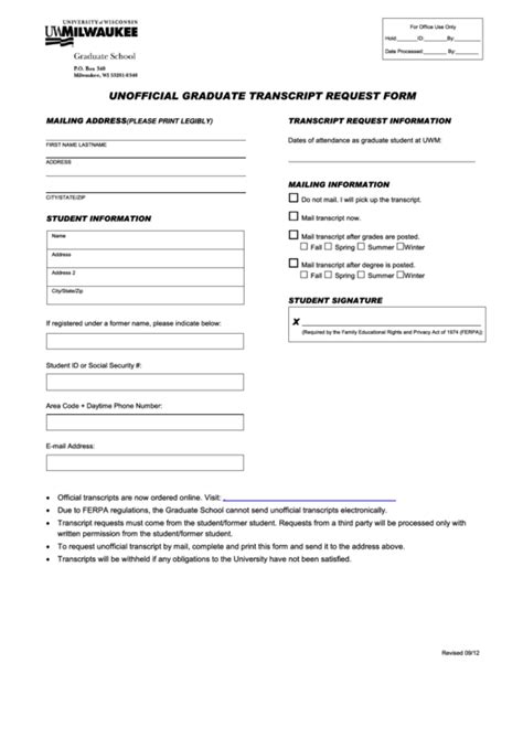 Fillable Unofficial Graduate Transcript Request Form University Of Wisconsin Printable Pdf