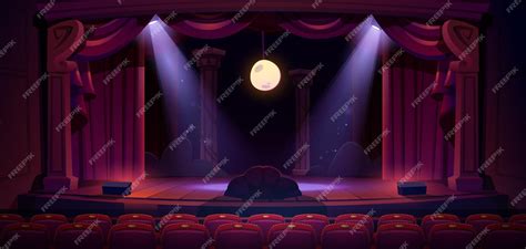 빨간 커튼이 있는 극장 무대 스포트라이트 달 무료 벡터