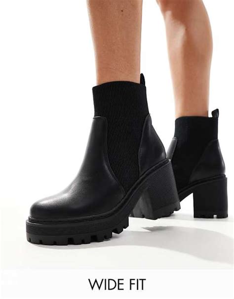 Seqwl Wide Fit Chunky Ankle Boots In Black Pu Asos