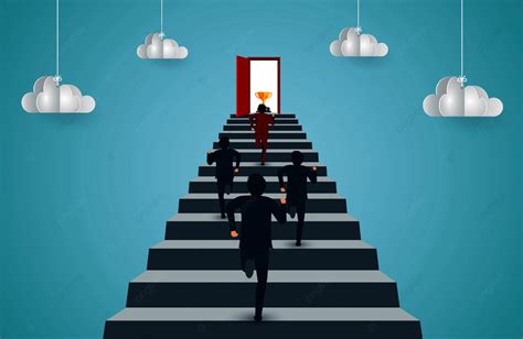 Businessmen Are Competition Running Up The Stair To The Door Color Red
