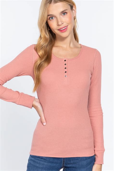 Saronite Basic Ribbed Knit Scoop Neck Long Sleeve Thermal Top Pink