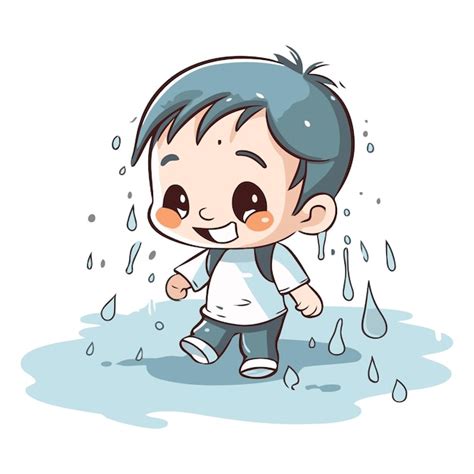 Милый маленький мальчик бежит под дождем Векторная мультфильмная иллюстрация Премиум векторы