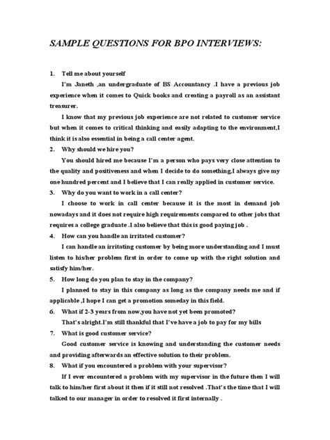 Questions And Answers For Bpo Interviews Pdf Psychological Concepts