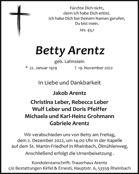 Traueranzeigen Von Betty Arentz Ga Trauer De