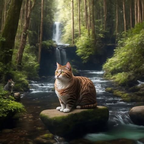Premium AI Image Cat Sitting In The Forest With A Building Ai Generated