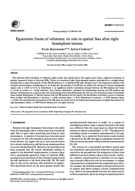 Pdf Egocentric Frame Of Reference Its Role In Spatial Biasafter Right Hemisphere Lesions