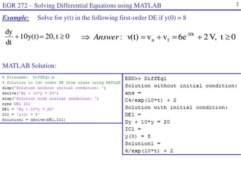 Ppt Solving Differential Equations Using Matlab Notes On Using Dsolve Eqn Eqn