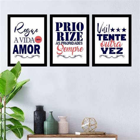 Kit 3 Quadros Decorativos Frases Motivação Regue A Vida Com Amor