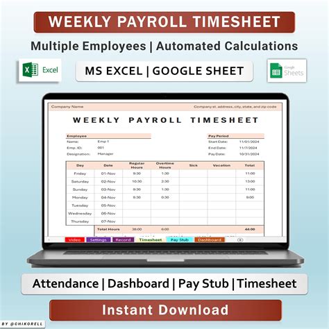Weekly Payroll Timesheet Tracker Excel Google Spreadsheet Template Overtime Calculator